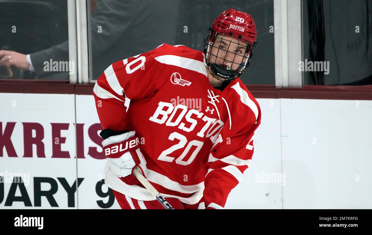 Boston University defenseman Lane Hutson (20) during an NCAA hockey ...