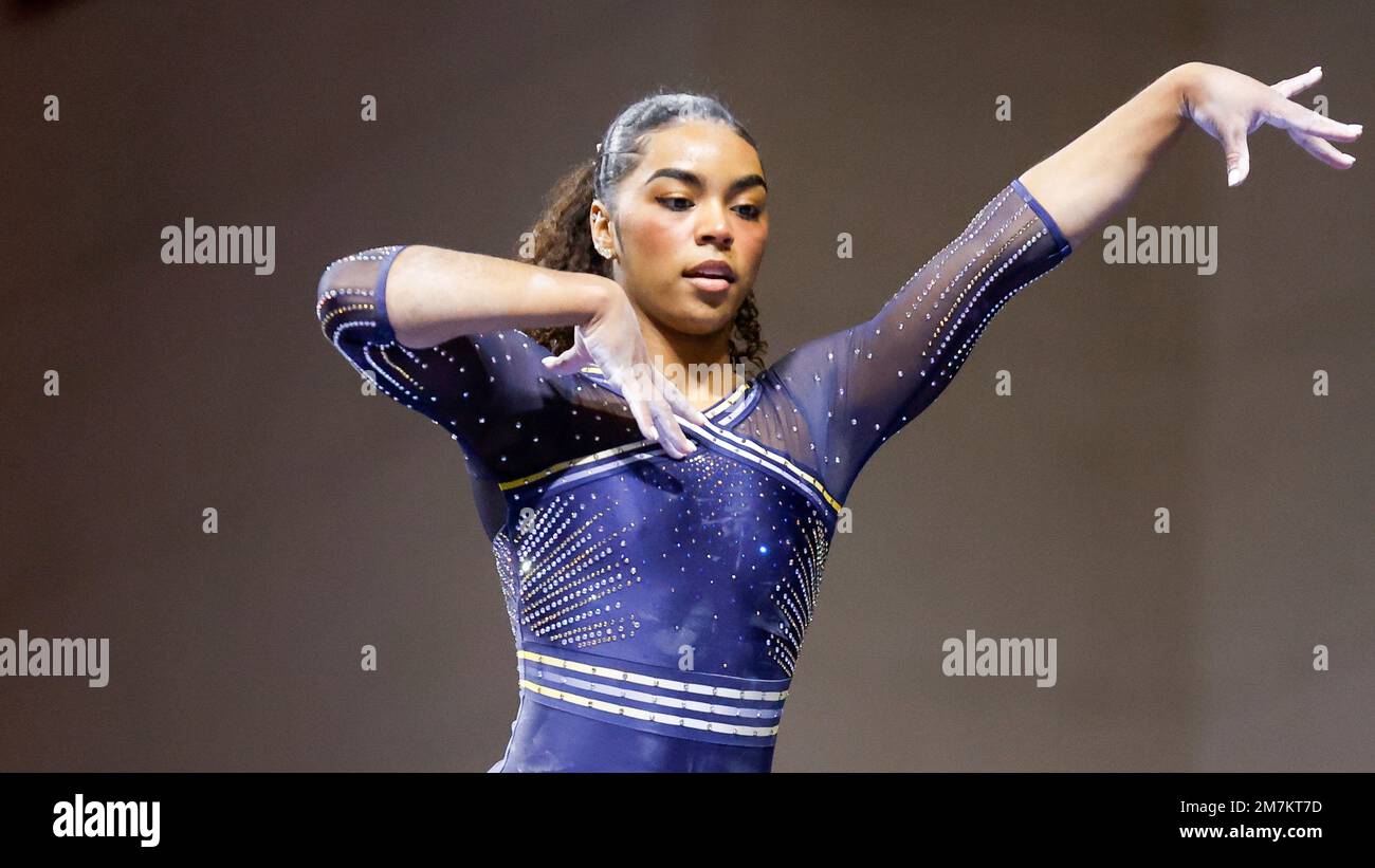 California's eMjae Frazier competes on the balance beam during an NCAA ...
