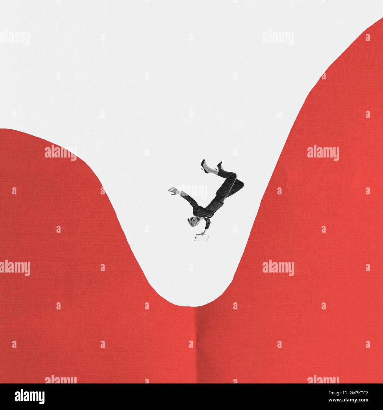 Contemporary art collage. Girl falling down into hole. Concept of ...