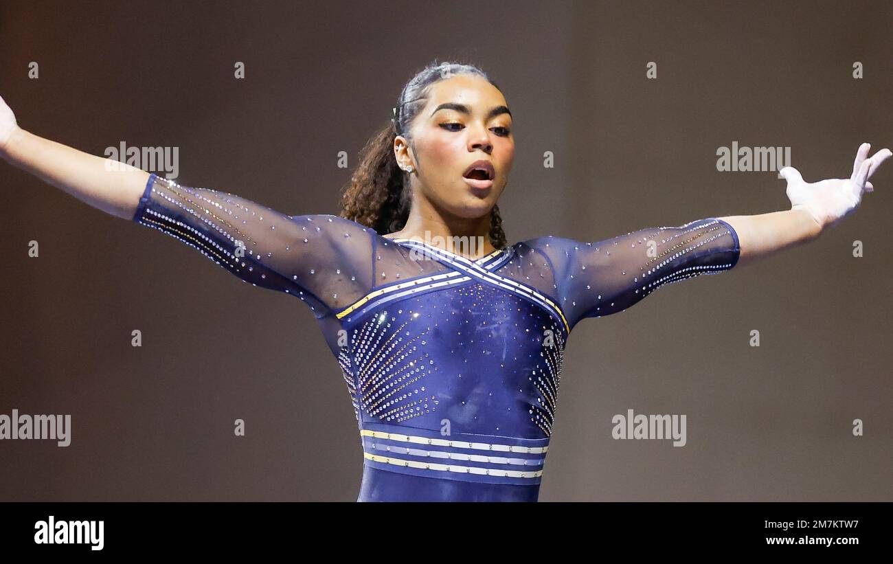 California's eMjae Frazier competes on the balance beam during an NCAA ...