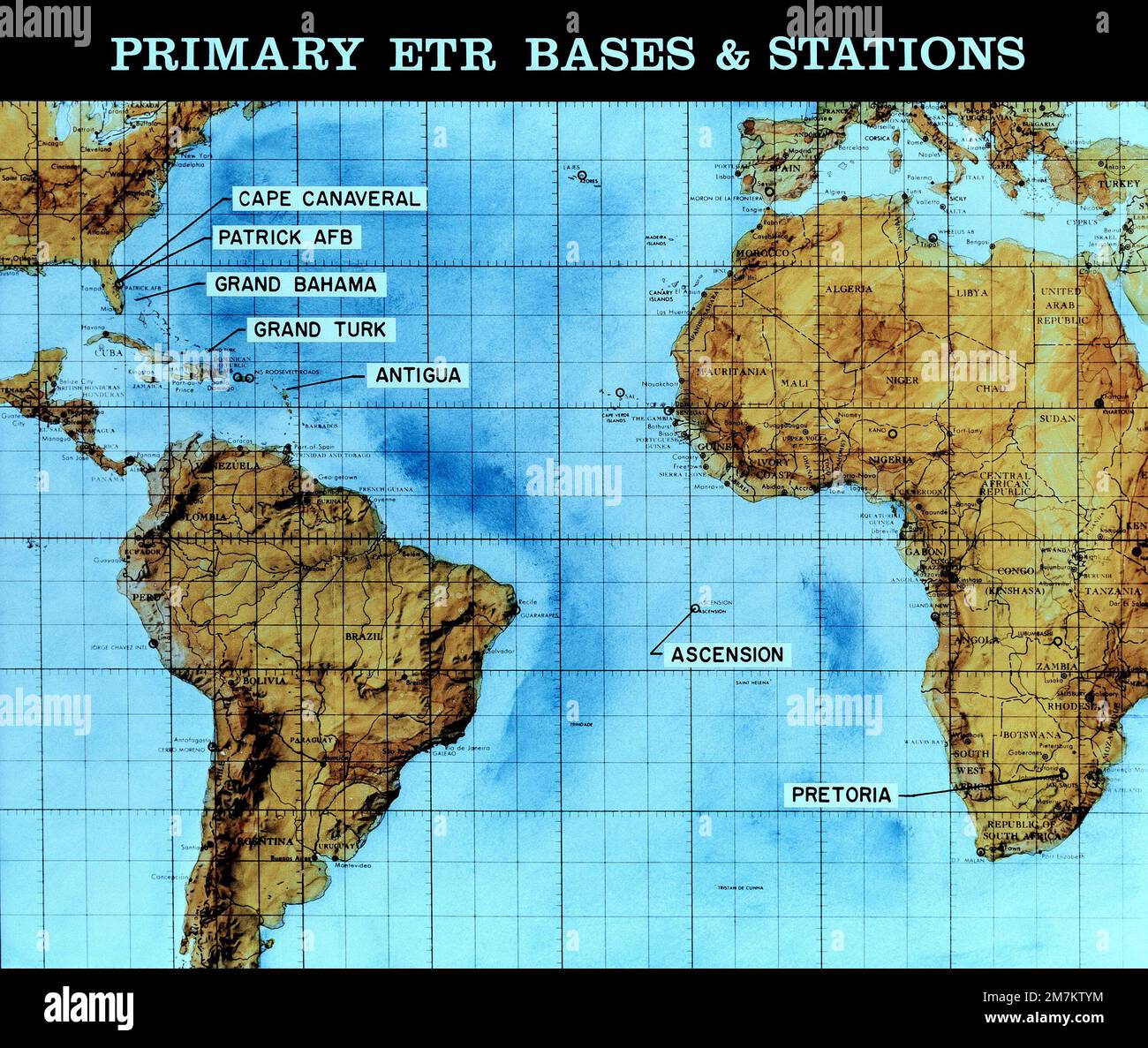 A view of a map illustrating the primary Eastern Test Range (ETR) bases ...