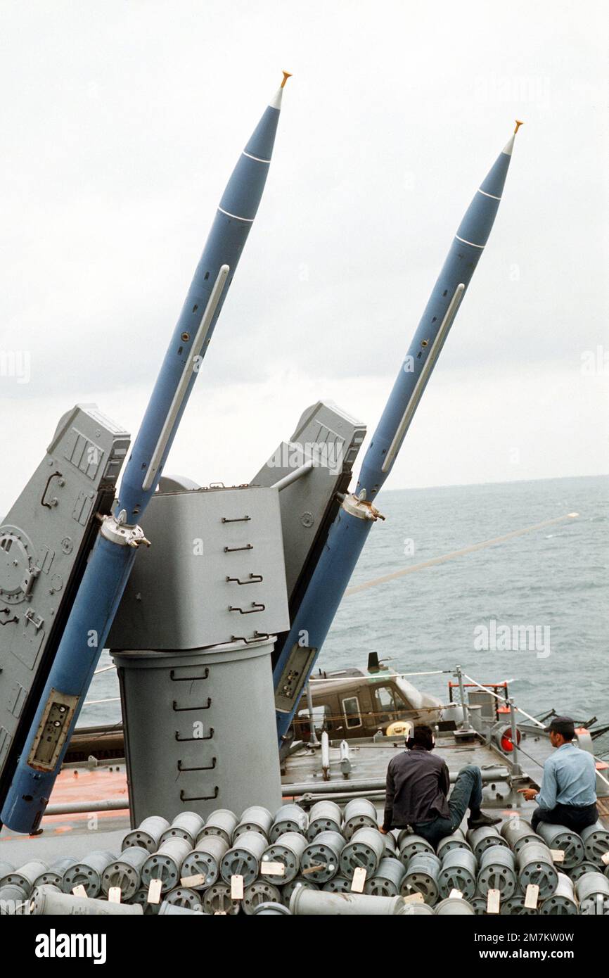 A view of the aft missile launcher with test surface-to-air missiles ...