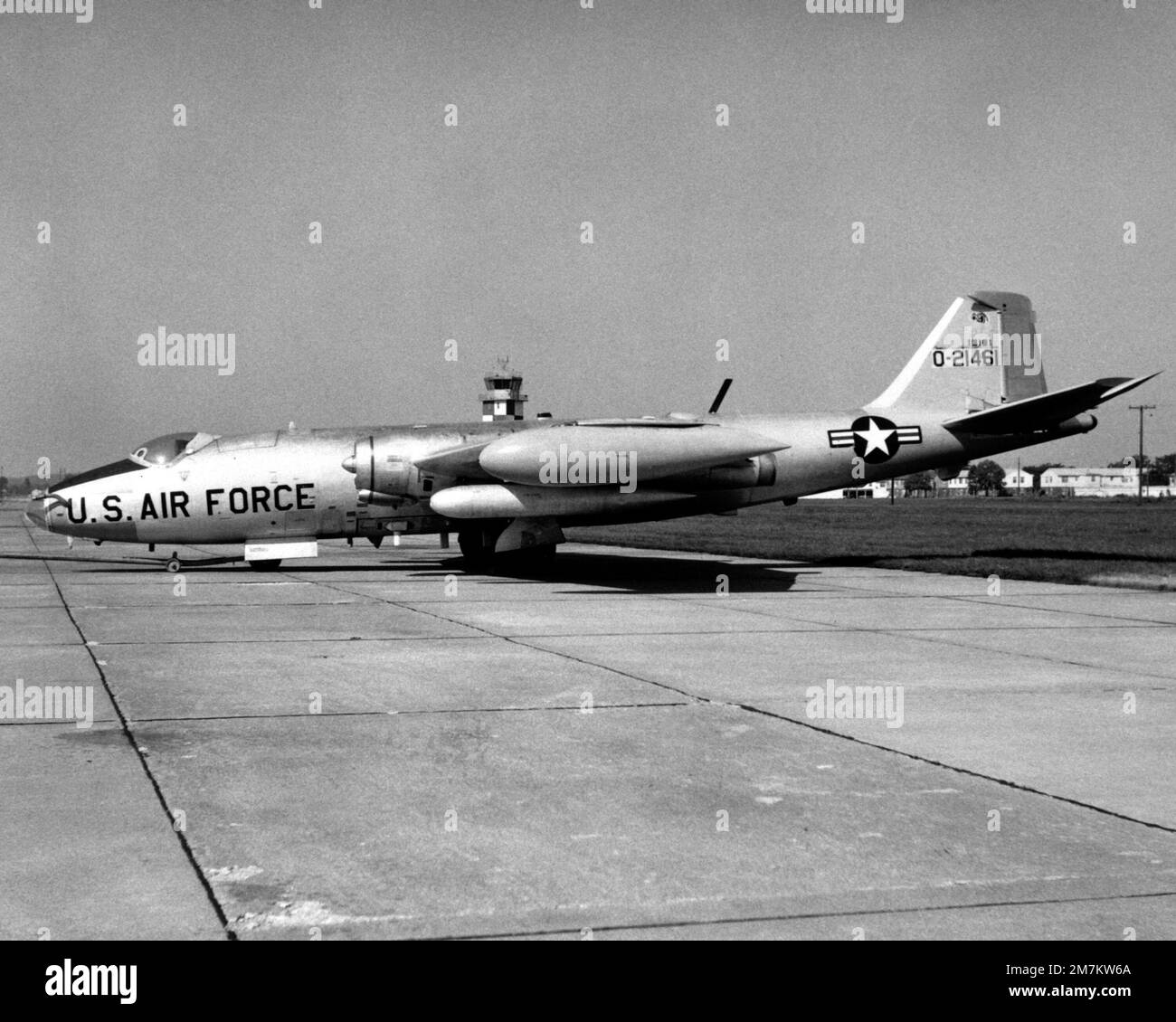 Left side view of a EB-57A Canberra aircraft parked on the flight line ...