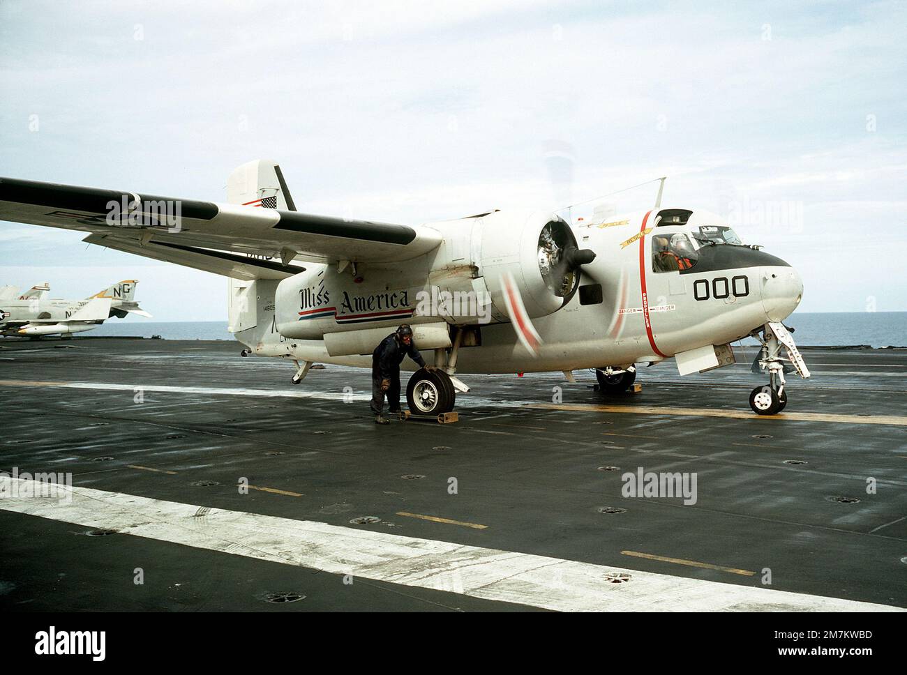 A right side view of a C-1 Trader aircraft on the flight deck of the ...