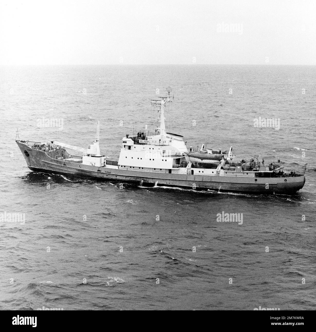 An aerial port beam view of a Soviet trawler, in the area during the ...