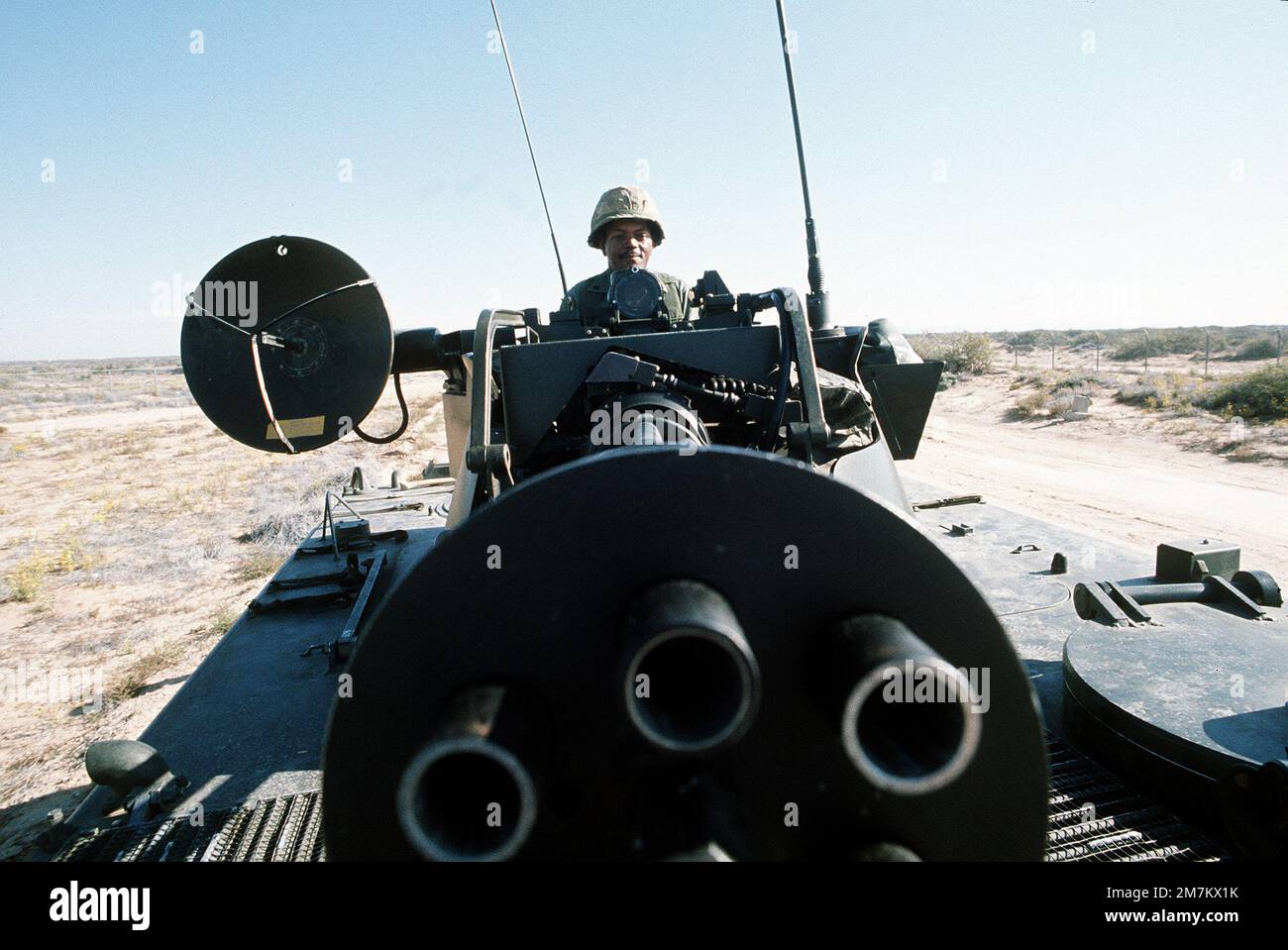 A U.S. Army soldier mans an M-163A1 Vulcan self-propelled anti-aircraft ...