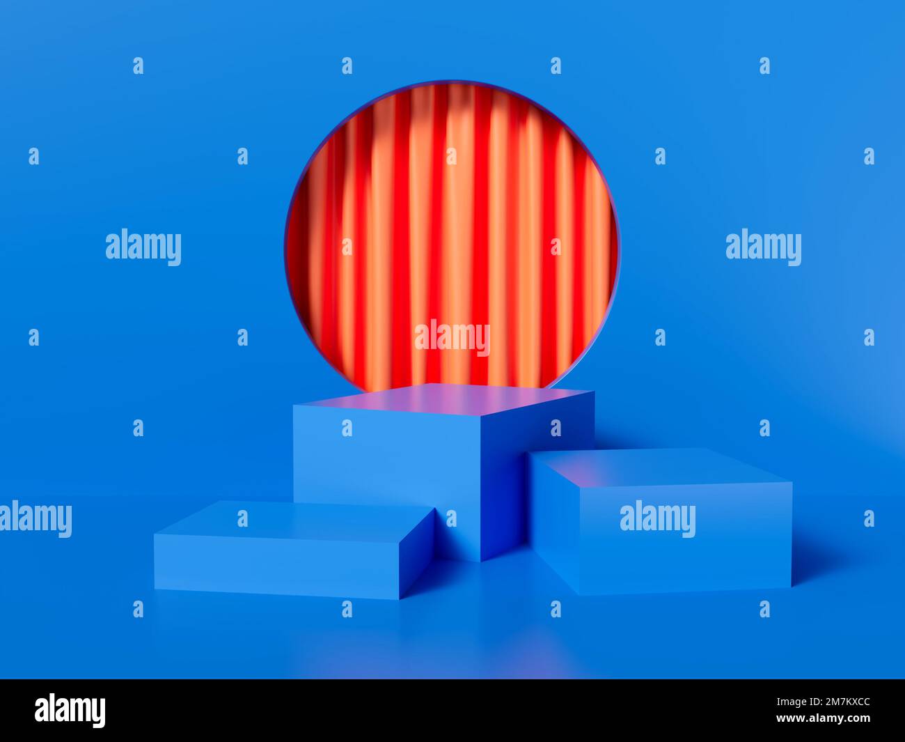 Abstract blue background with 3 pallets on the back with orange curtain ...