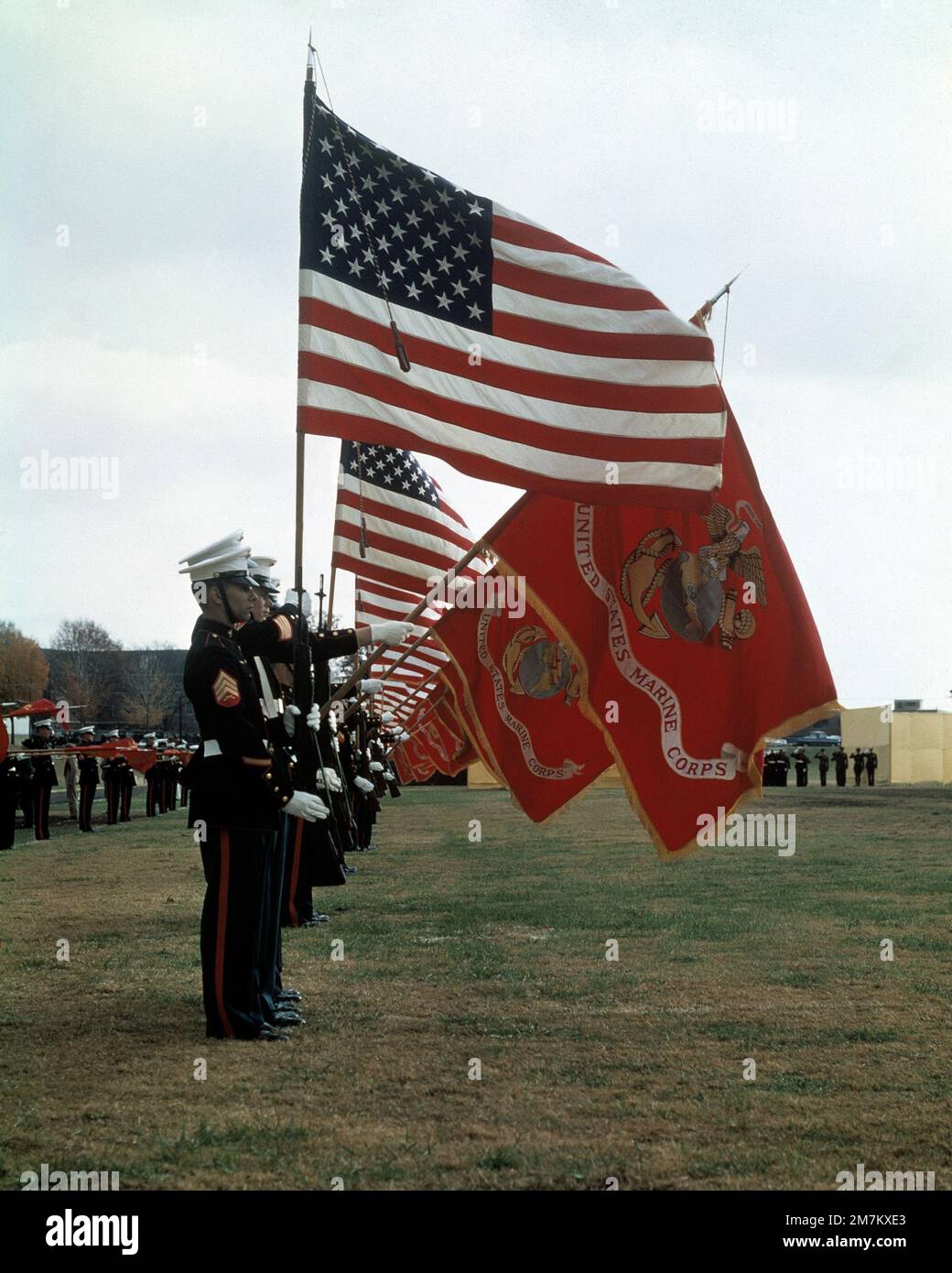 A side view of the colors being presented during a Marine Corps ...