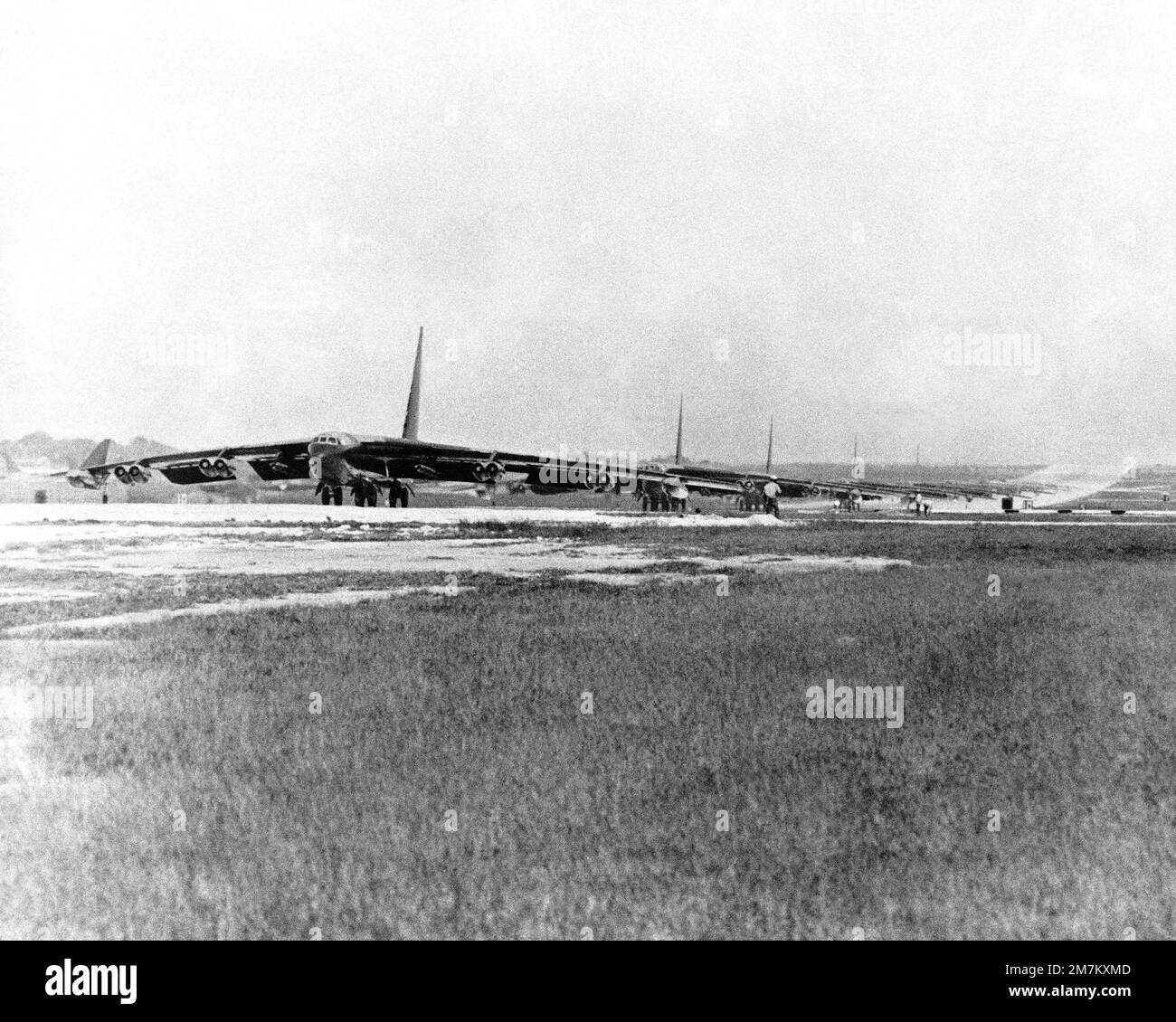 A B-52D Stratofortress aircraft, from Strategic Air Command, line up ...