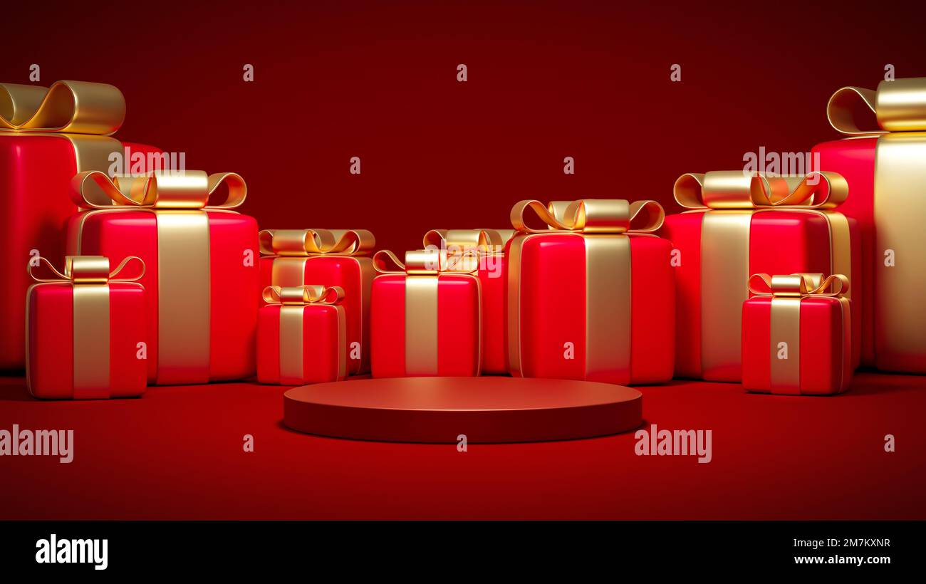 stage for product placement In between several red gift boxes of ...