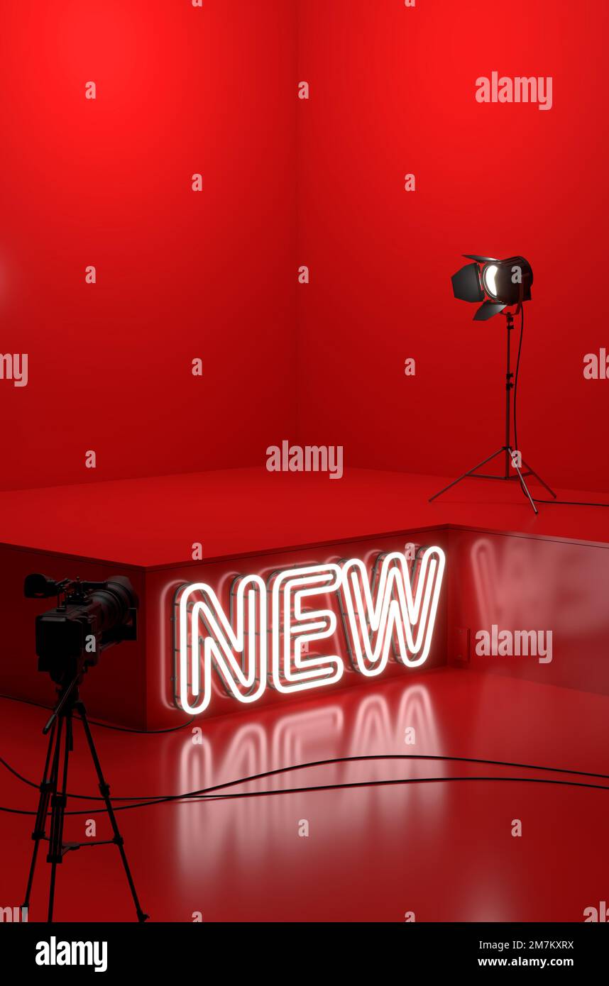 Elevated stage backdrop There is a line of neon lights written "NEW".3D ...