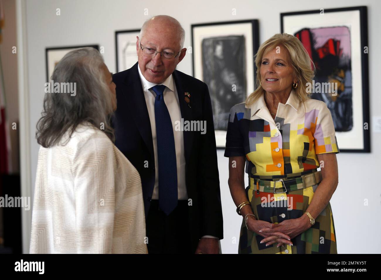 U.S. First Lady Jill Biden stands with U.S. Ambassador de Mexico Ken ...
