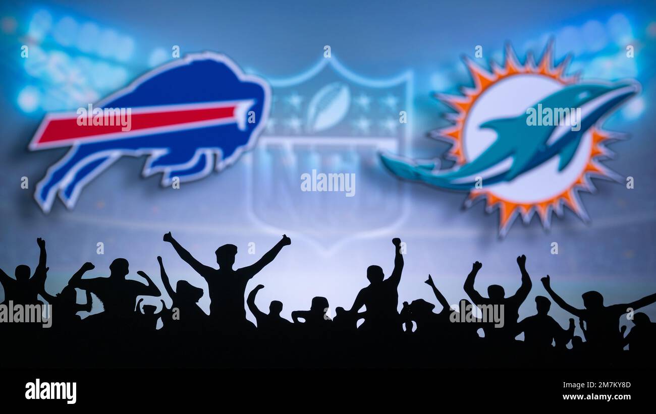 BUFFALO, USA, JANUARY 10, 2023: Miami Dolphins vs. Buffalo Bills. NFL Wild Card Round 2023 ...