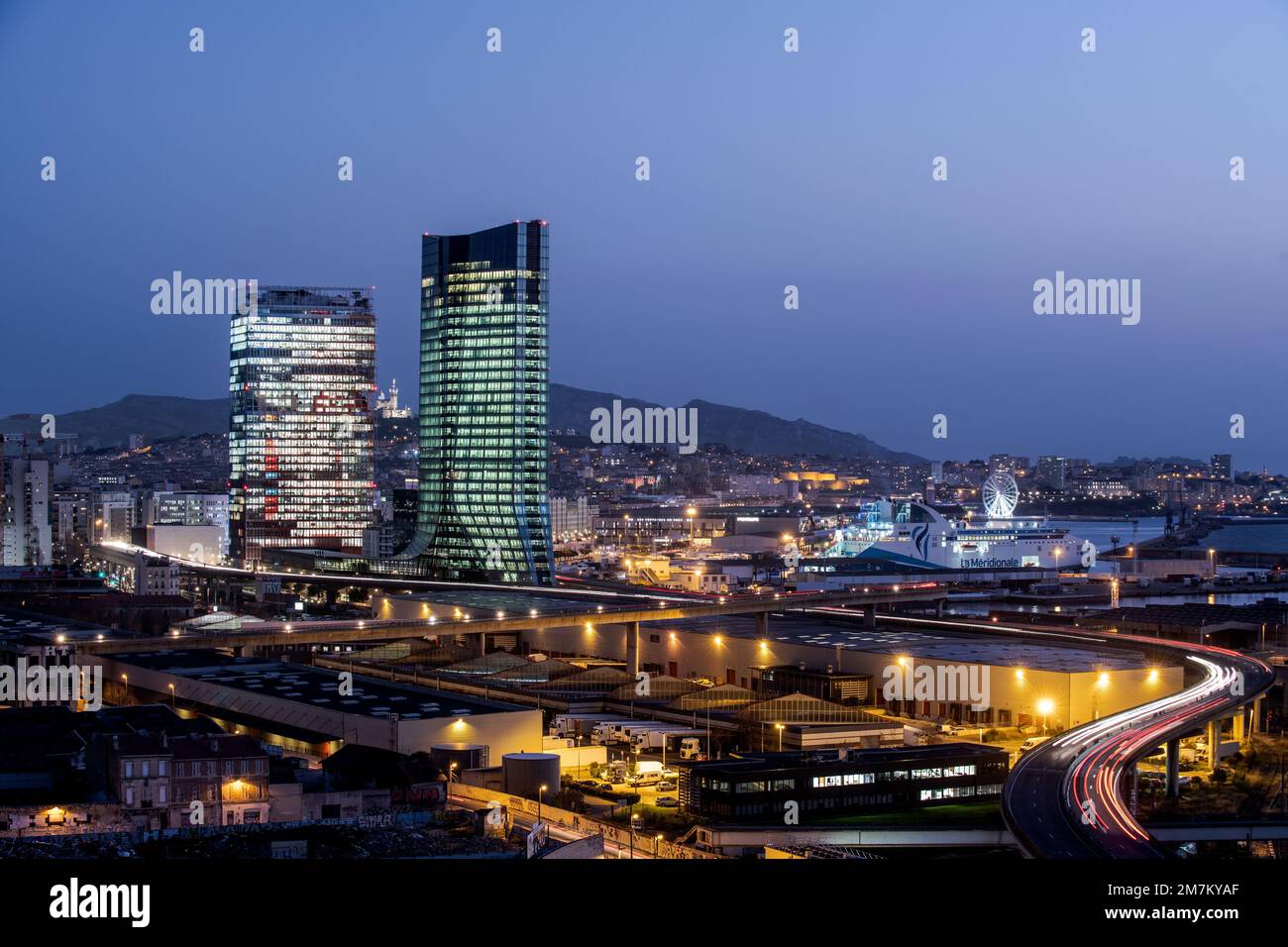 Marseille (south-eastern France): night view of the city with the two ...