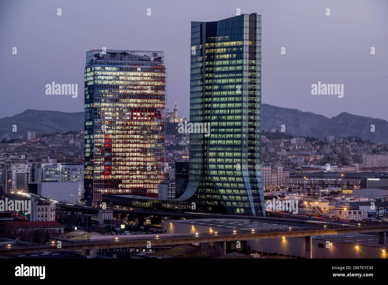 Marseille (south-eastern France): night view of the city with the two ...