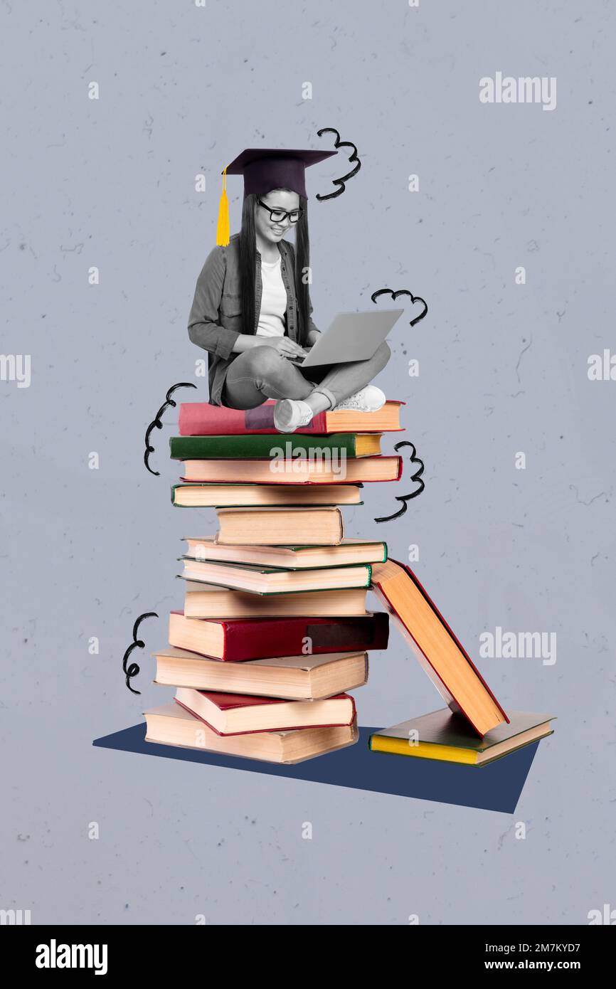 Photo collage artwork minimal picture of happy smiling lady finishing ...