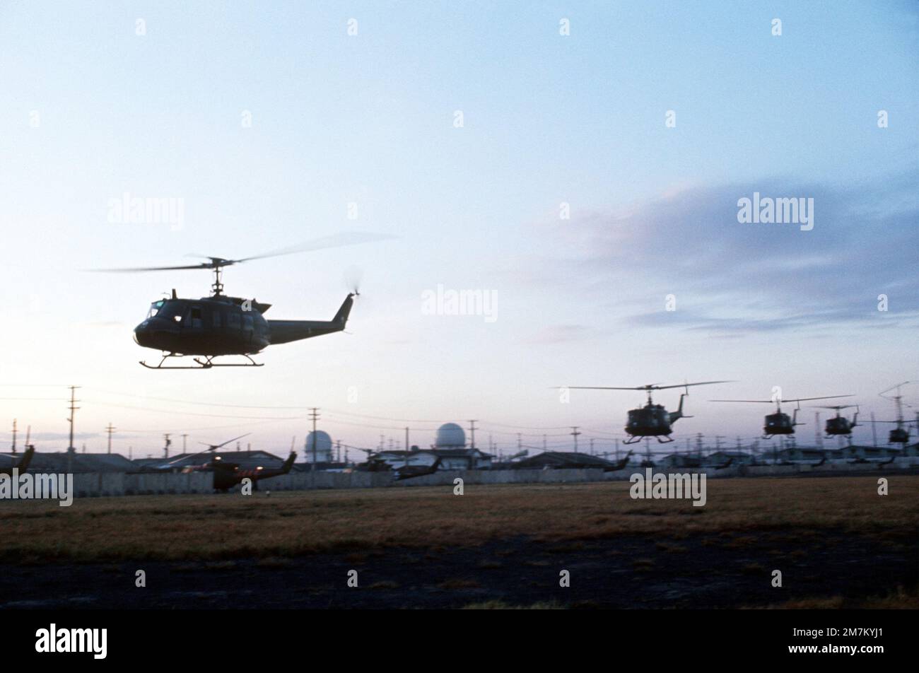 UH-1 Iroquois helicopters depart to pick up prisoners of war held at ...