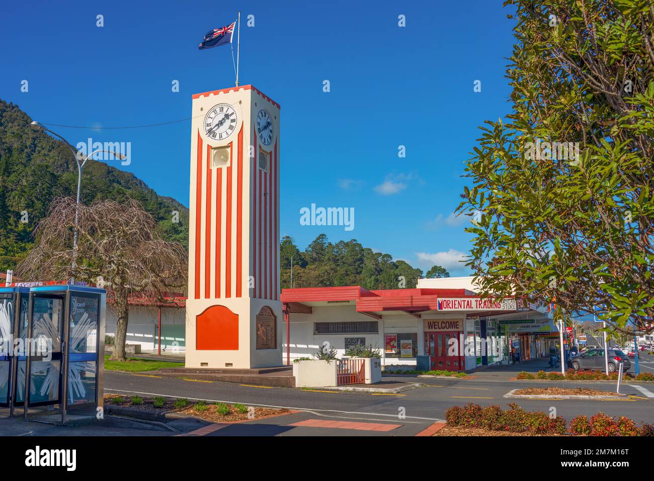 A clock tower in a small rural town in Waikato in New Zealand, Te Aroha ...