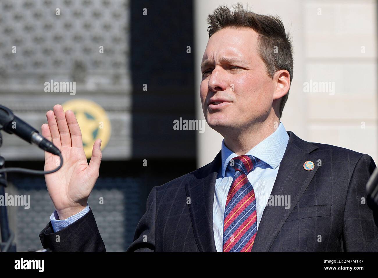 Oklahoma Lt. Gov. Matt Pinnell, left takes his oath of office takes his ...