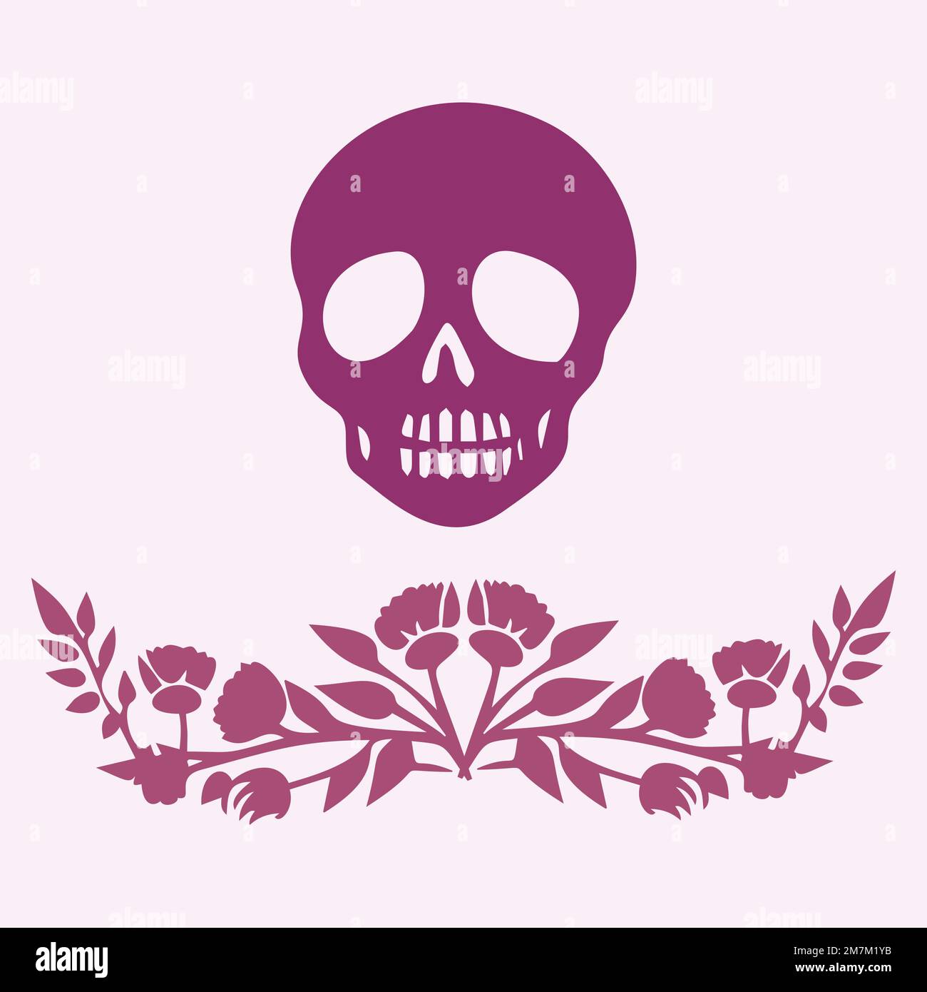 Floral skull tattoo low brow illustration. Vector gothic skeleton ink ...
