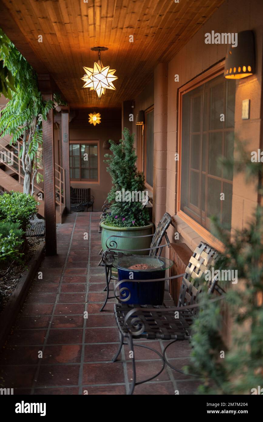 A vertical shot of outdoor backyard sitting area with plants and chairs ...