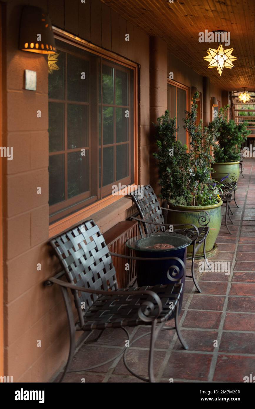 A Vertical shot of outdoor backyard sitting area with plants and chairs ...