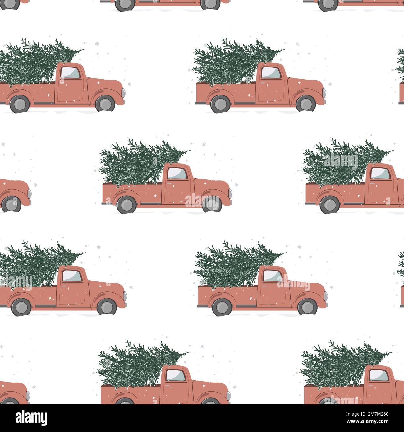 Christmas seamless pattern with red truck and Xmas trees on white ...