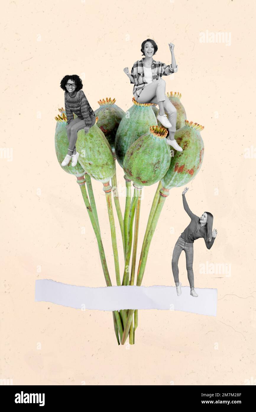 Vertical collage picture of three mini black white colors girls sit ...