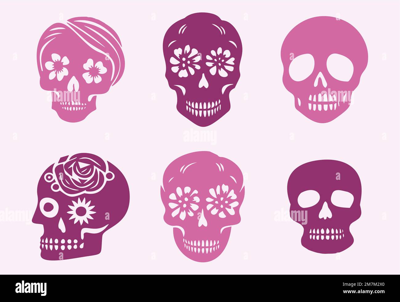 Floral skull tattoo low brow illustration set. Vector gothic skeleton ...