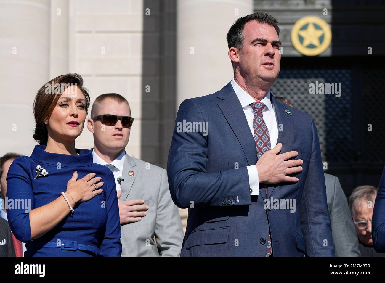 Oklahoma first lady Sarah Stitt, left, and Gov. Kevin Stitt, right ...