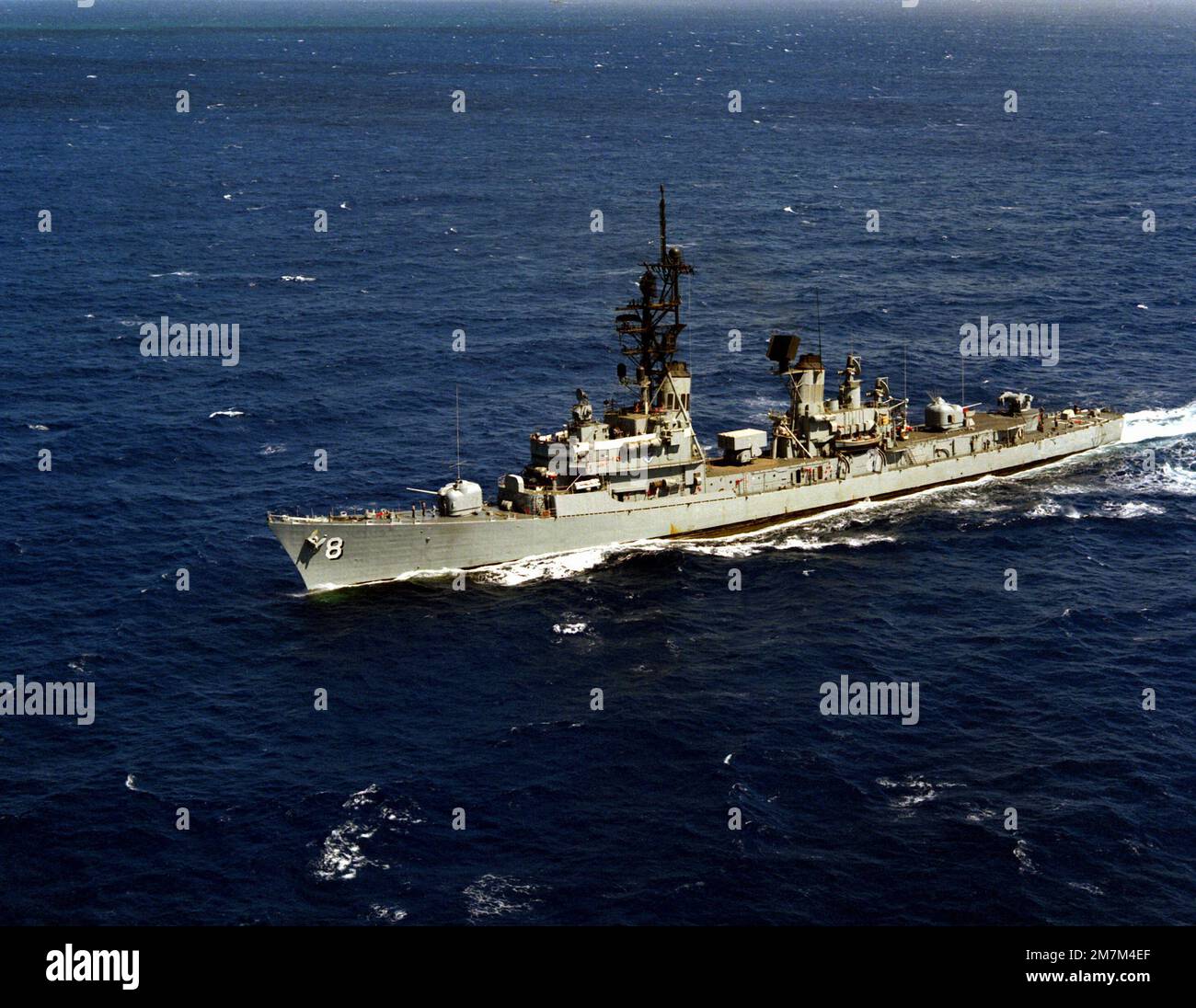 An aerial port bow view of the guided missile destroyer USS LYNDE ...