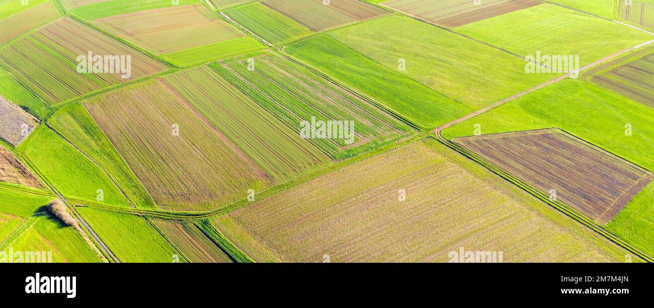 different fields in a farming landscape from above panorama Stock Photo ...