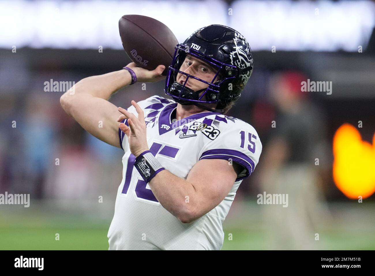TCU quarterback Max Duggan (15) warms up before the national ...