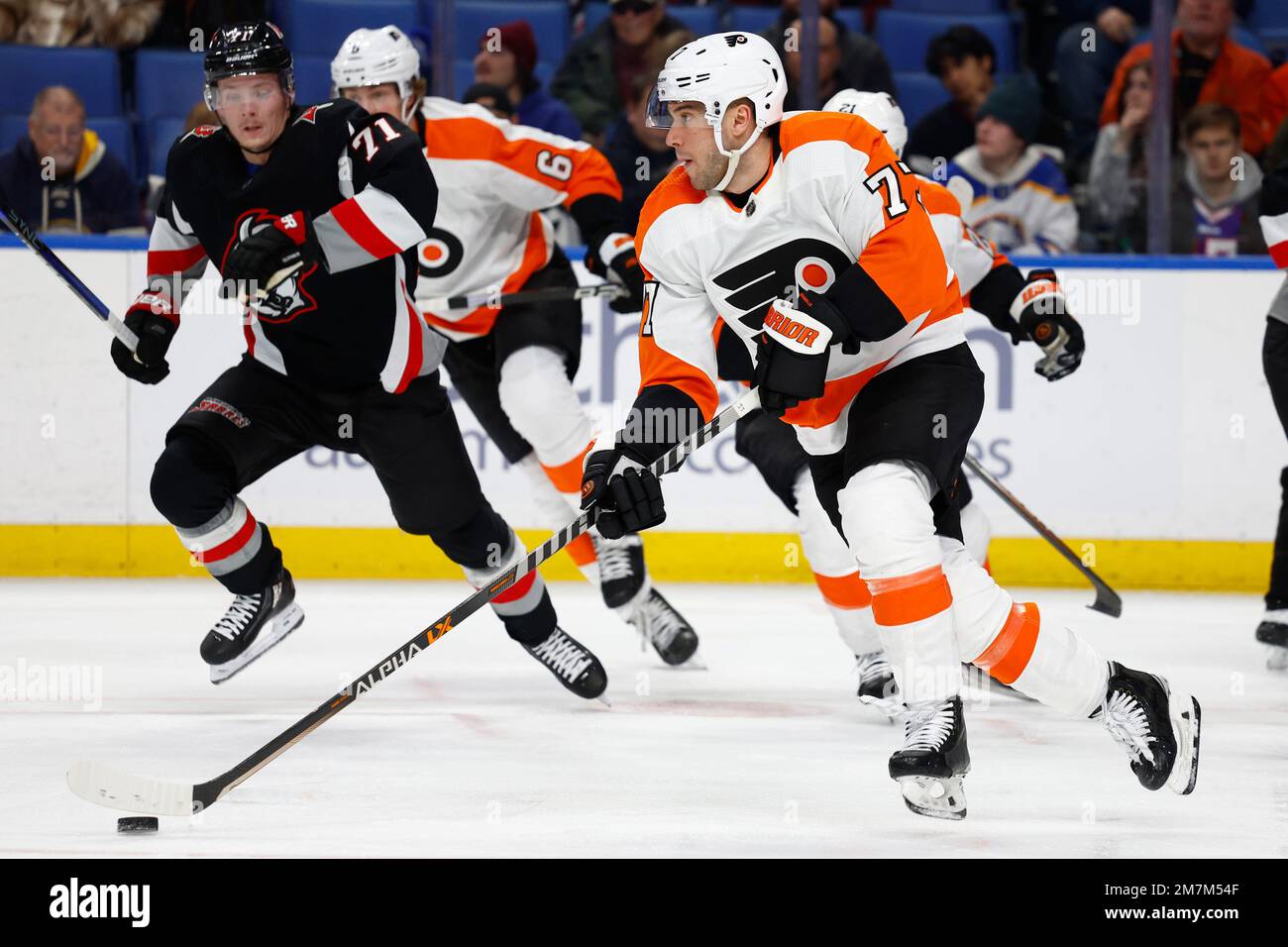 Philadelphia Flyers defenseman Tony DeAngelo, right, is pursued by ...