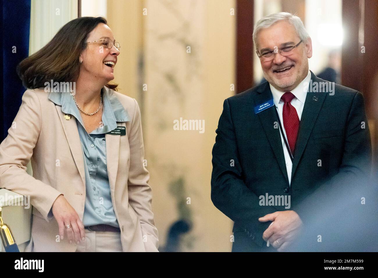 House Majority Leader Megan Blanksma, left, laughs with House Sergeant ...