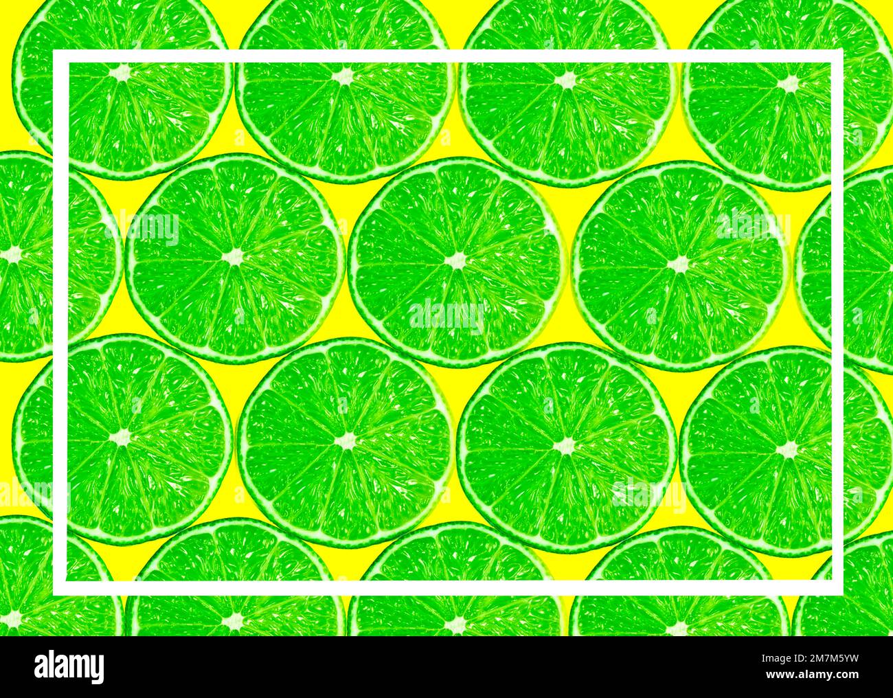 Green lime slices pattern on vibrant yellow color background. Minimal ...