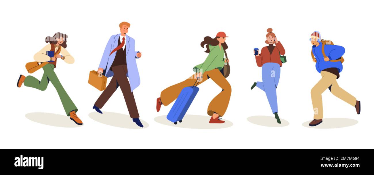 Flat crowd of people fast running, moving quickly. Business man, woman ...