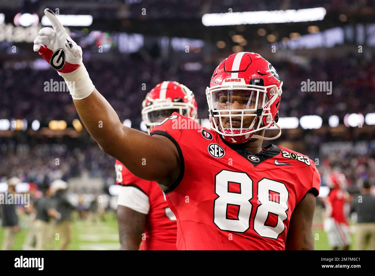 Georgia defensive lineman Jalen Carter (88) waves to the crowd before the national championship ...