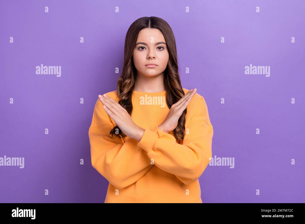 Photo of calm focused girl calm face crossed arms demonstrate stop ...