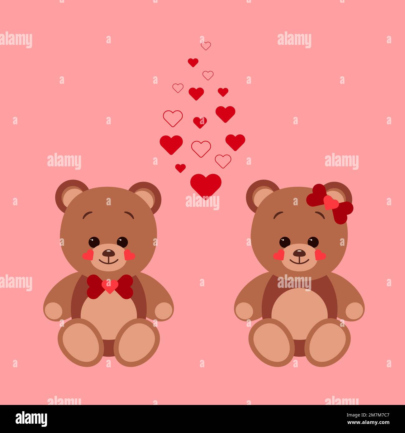 Two teddy bears in love sit between many little red hearts. The concept ...