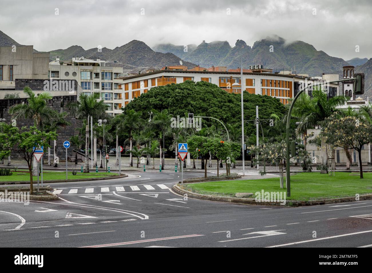 A complex roundabout featuring no cars nor pedestrians with numerous ...