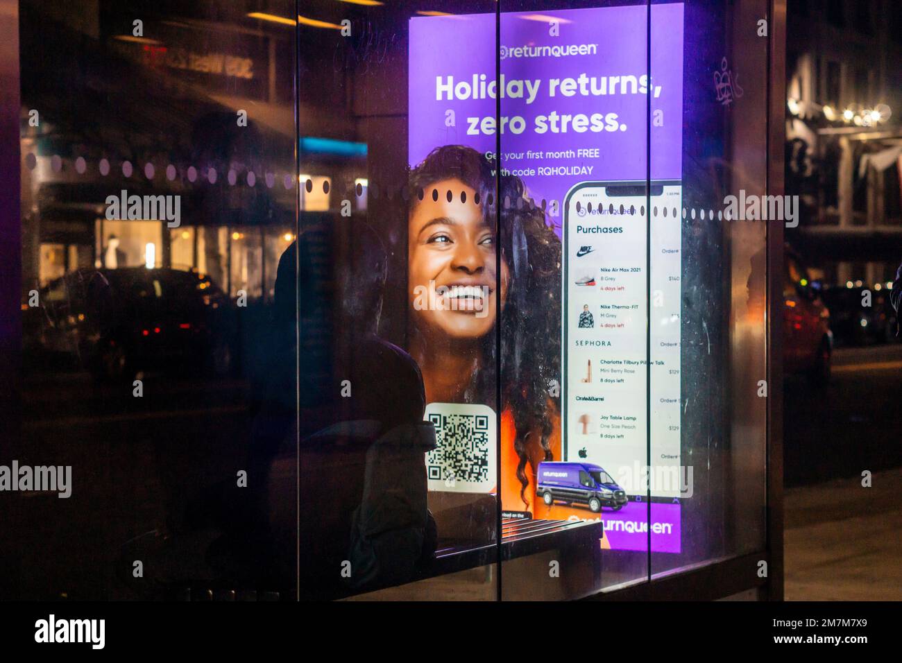 Advertising for ReturnQueen, an app that facilitates returns, on a bus ...