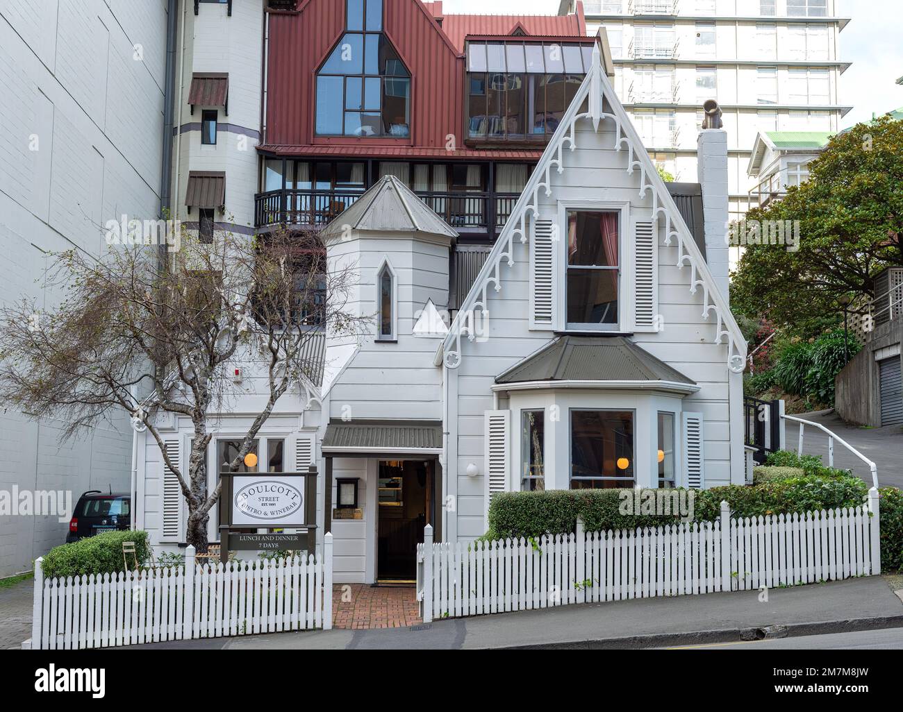 The exterior of Boulcott Street Bistro on a street in Wellington city ...
