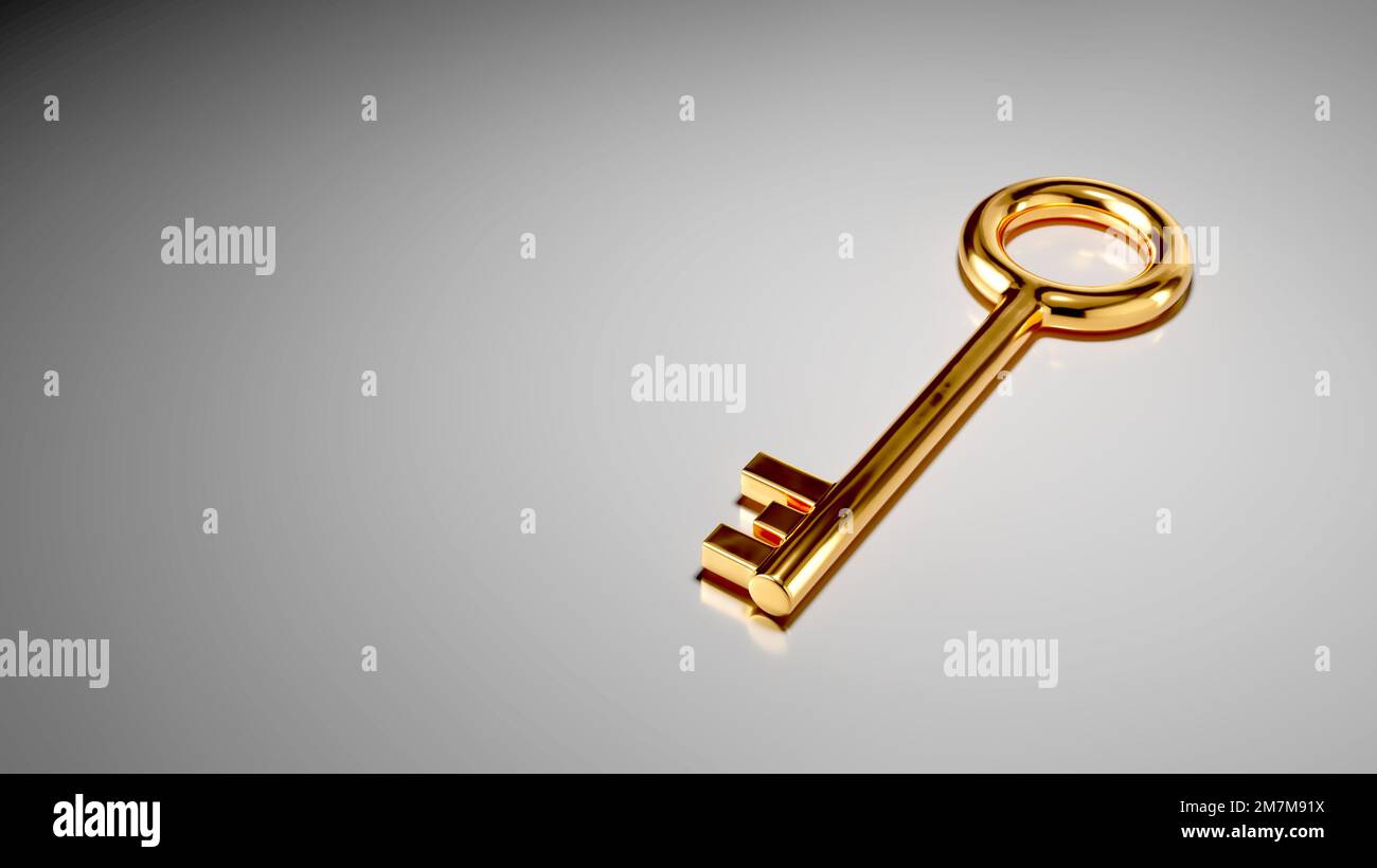 Golden key with spotlight shining on white background. 3D Scene Stock ...