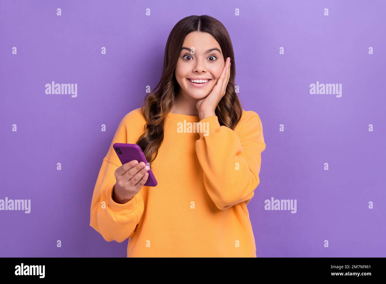 Photo of astonished excited cute lady user impressed low prices sale ...