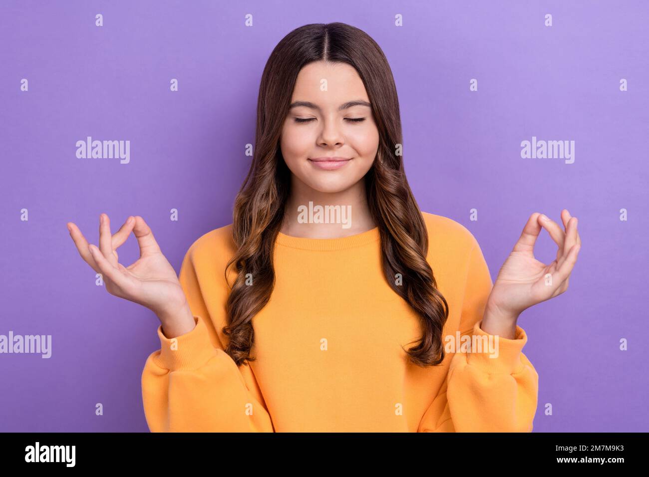 Photo of pretty cute lady pupil wear orange stylish clothes relax rest ...