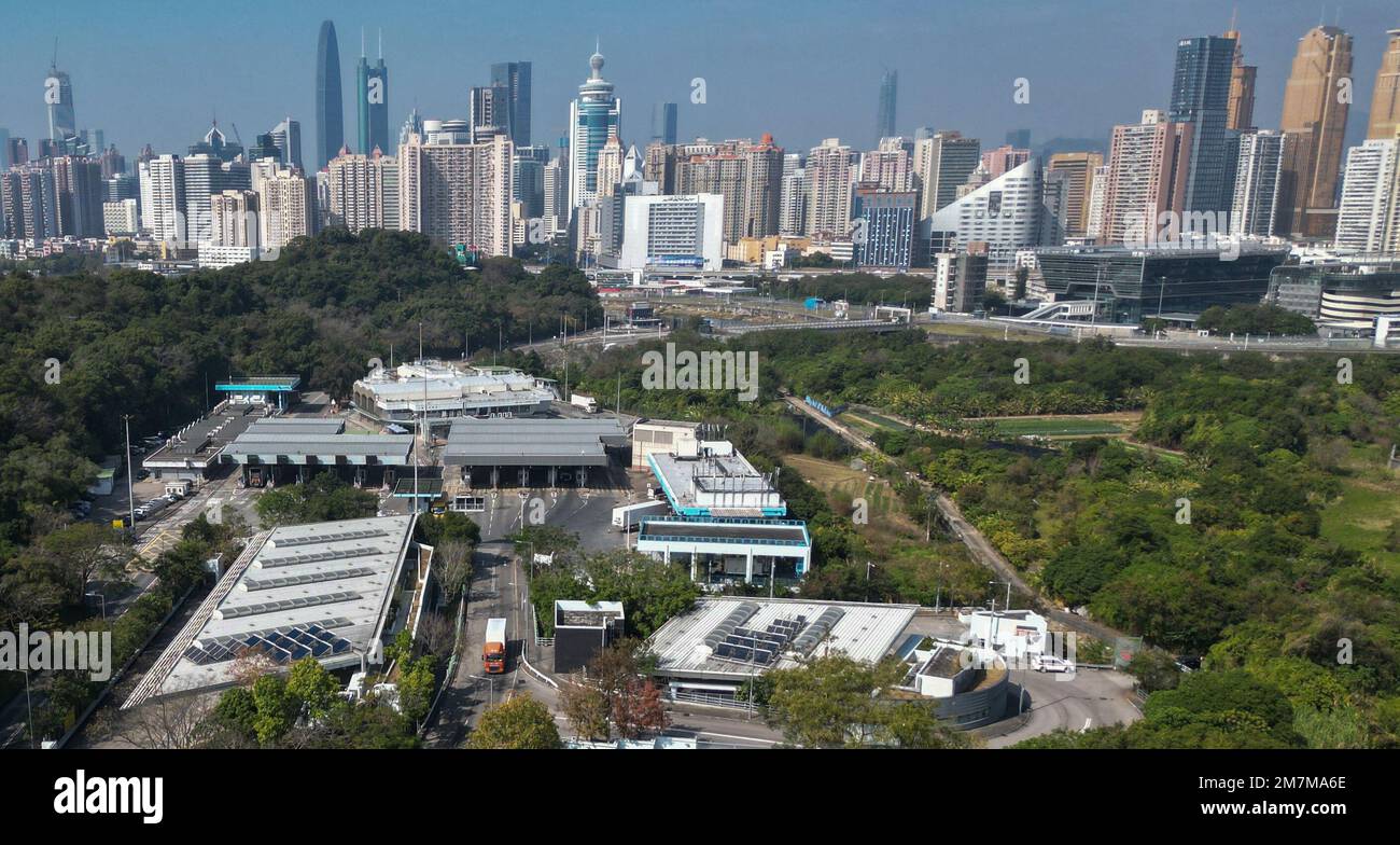 Aerial view of Man Kam To Control Point at Sheing Shui. Cross-border ...