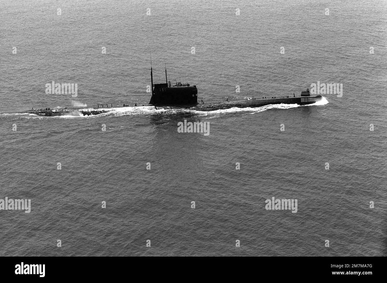 A starboard beam view of a Soviet Foxtrot-class submarine underway ...