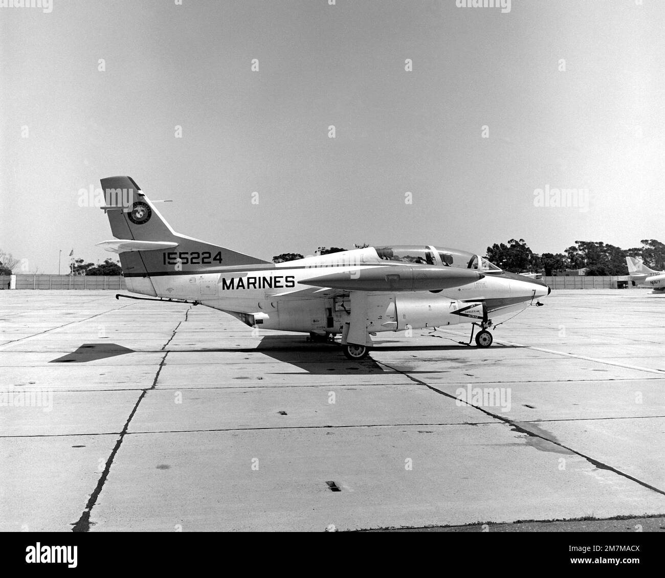 A right side view of a Marine Corps T-2 Buckeye aircraft parked at ...