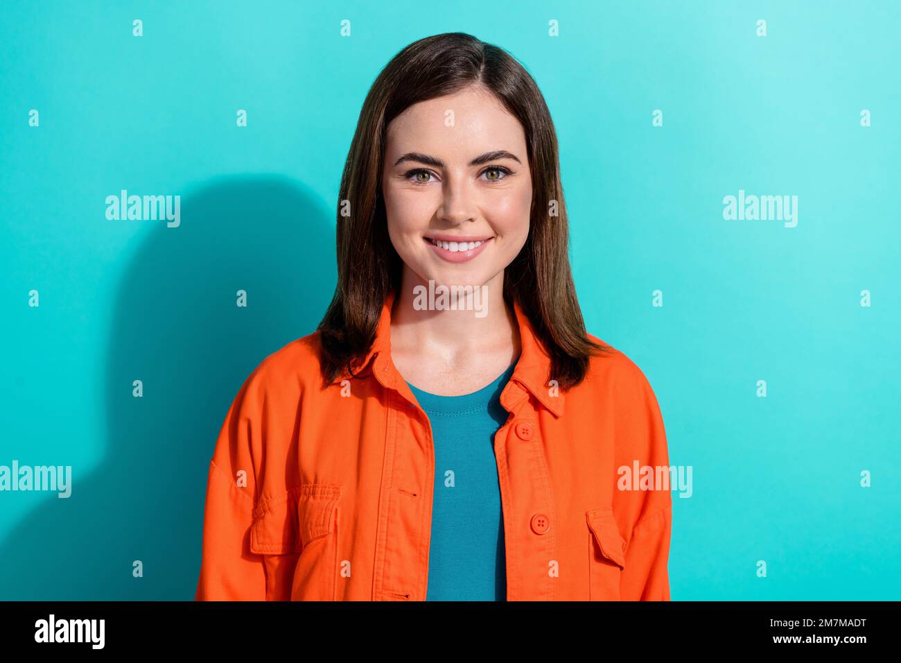 Photo of cheerful adorable lady toothy smile dressed orange clothes ...